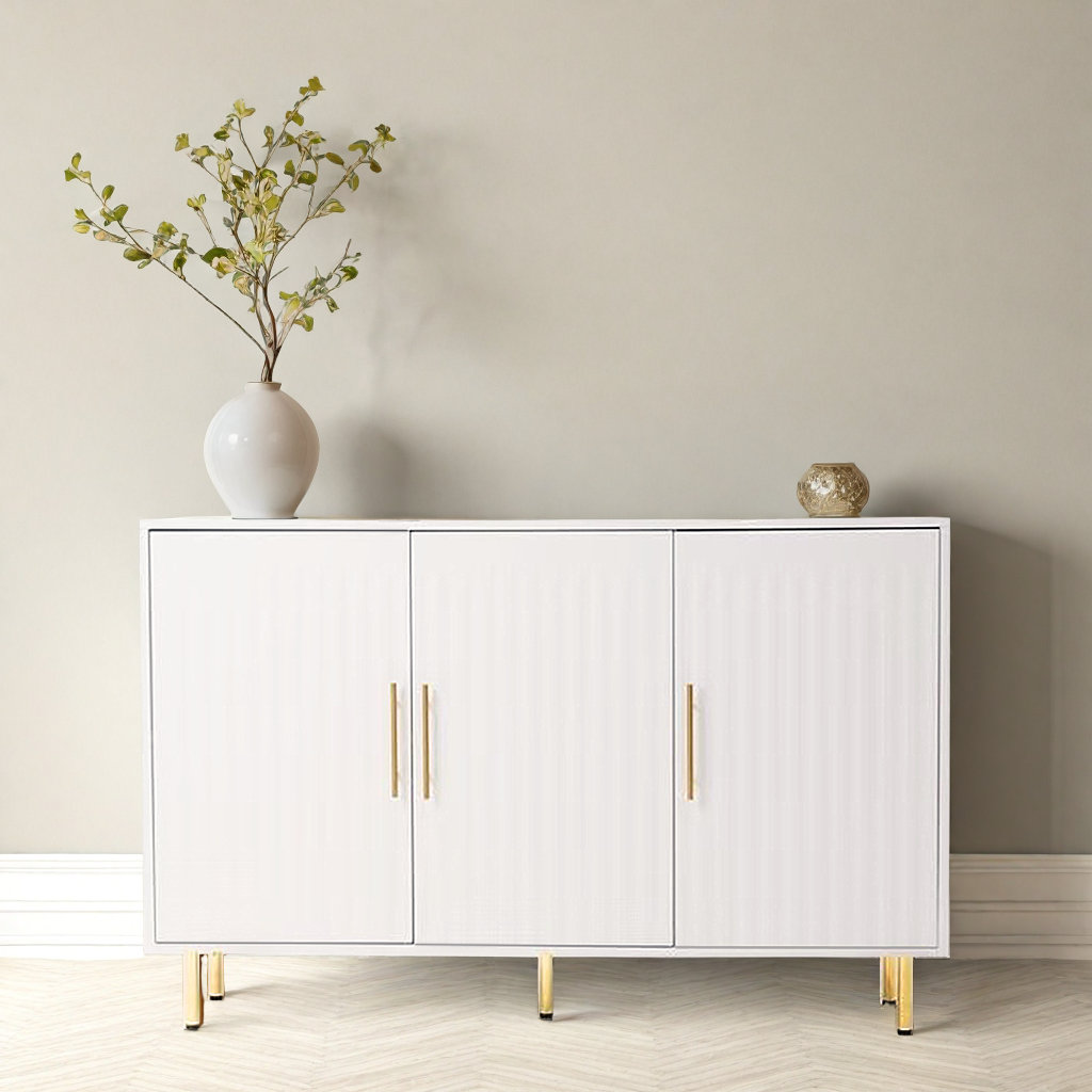 Ebern Designs 55" White Fluted Buffet Cabinet – Gold Accent Storage with 180lb Capacity | Wayfair